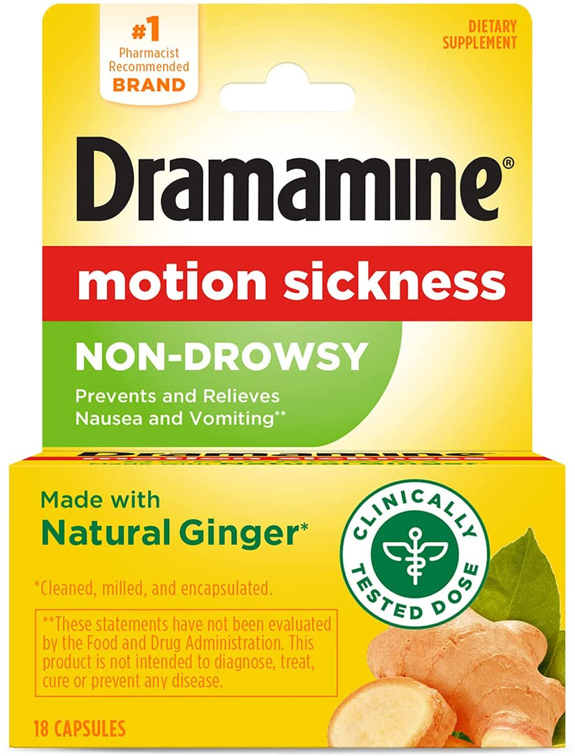 Dramamine Motion Sickness Non-Drowsy Made with Natural Ginger, 18 Caps ...