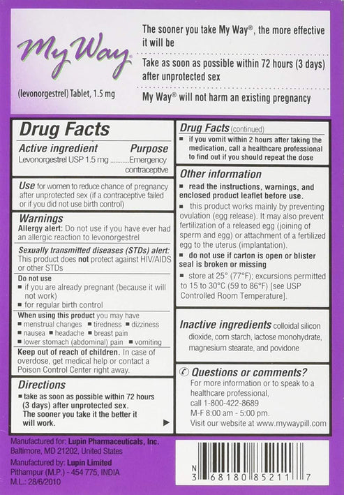 My Way Pill Emergency Plan B - 1 Pill - Same Day Rush Shipping Availab ...